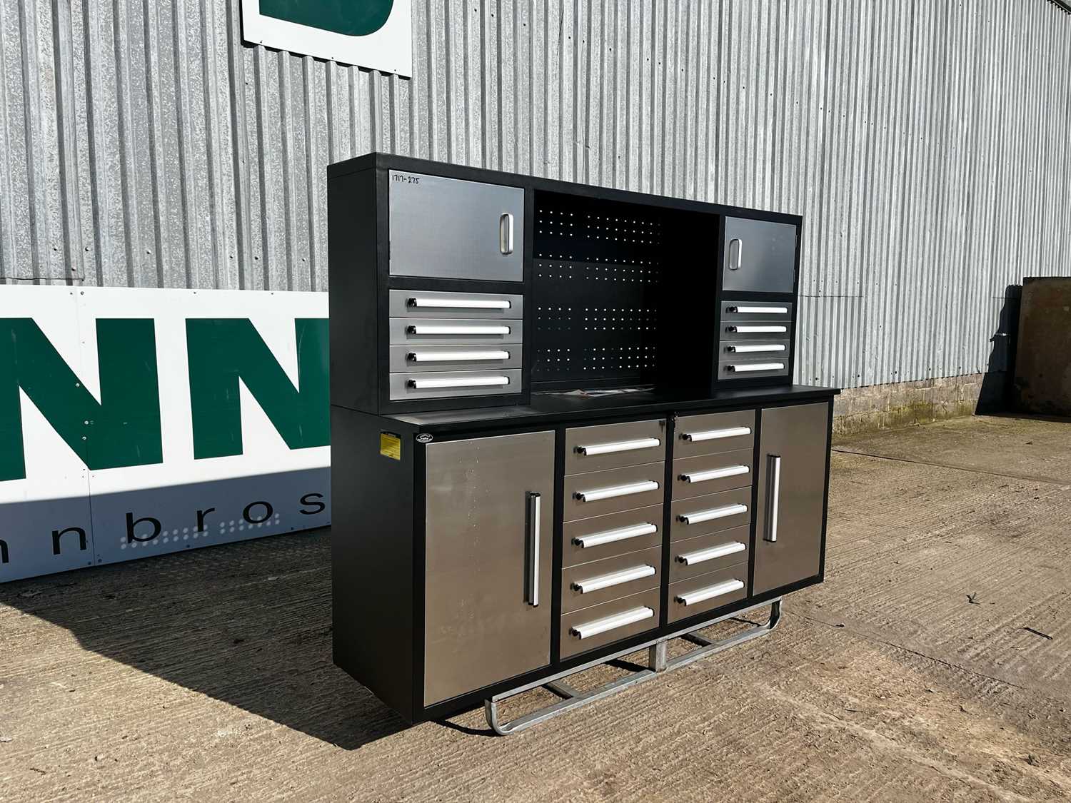 Unused 7' Work Steel Bench, 18 Drawers, 4 Cabinet